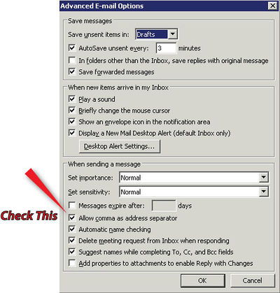 Allowing Comma Separators in Outlook - Help Wiki
