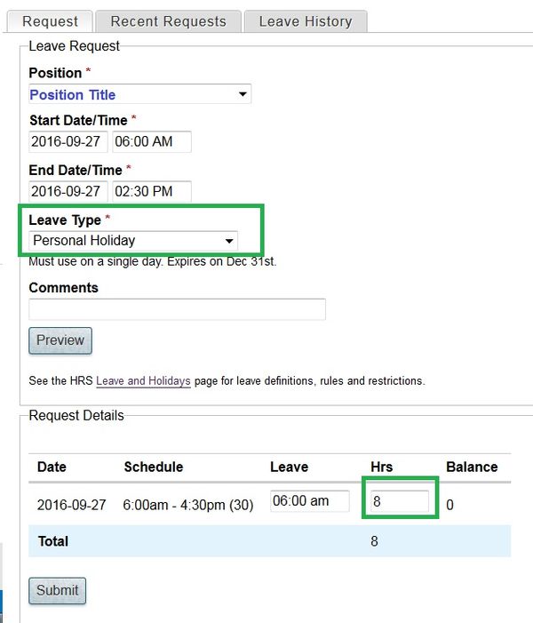 Personal Holiday and Personal Leave Day - Help Wiki